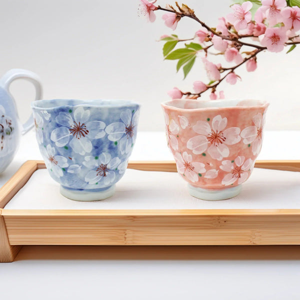 Blue Cherry Blossom Teacup – Yayoihana Yunomi Cup | Japanese Mino Ware ...